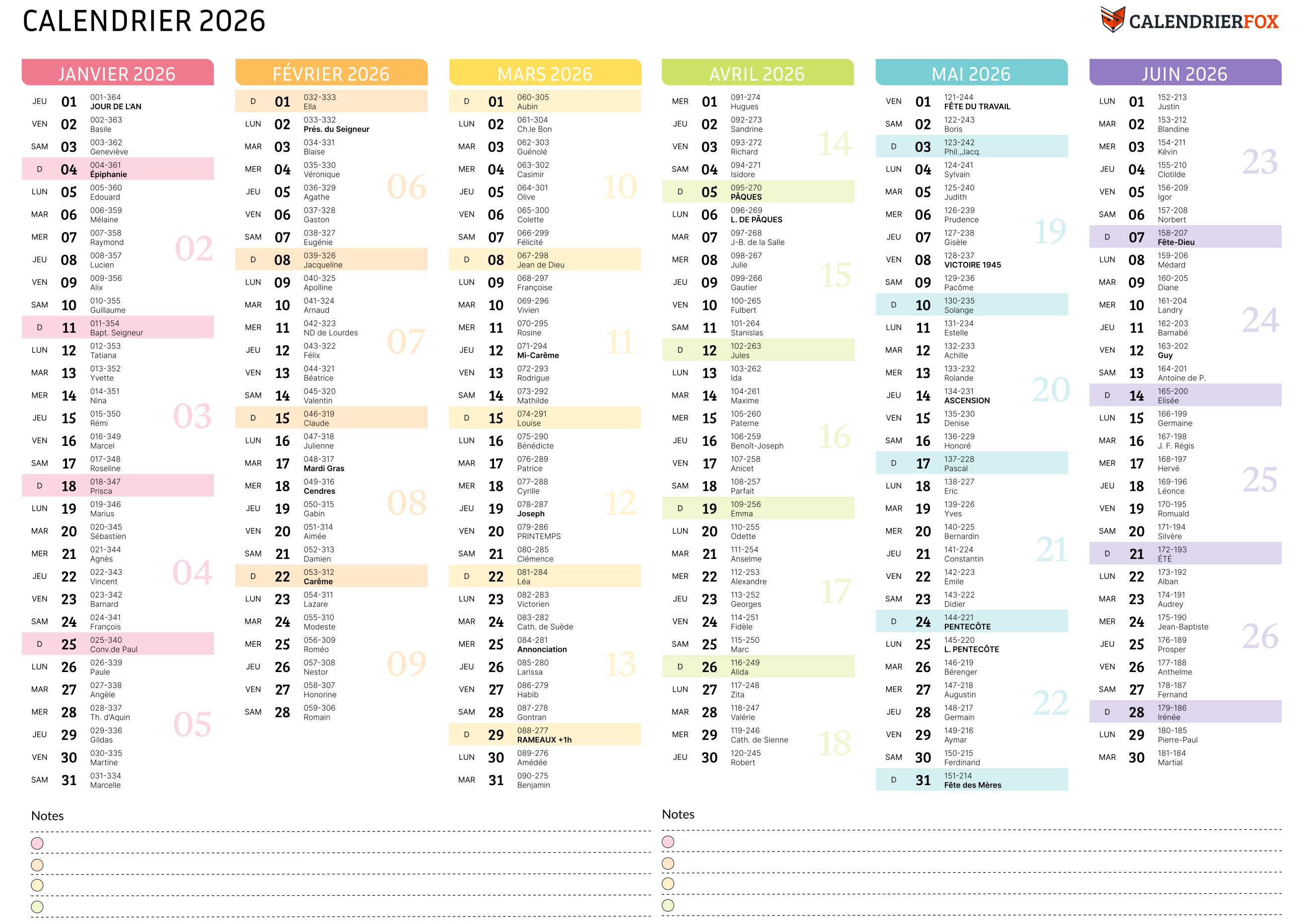 Calendrier 2026 à imprimer PDF Gratuit