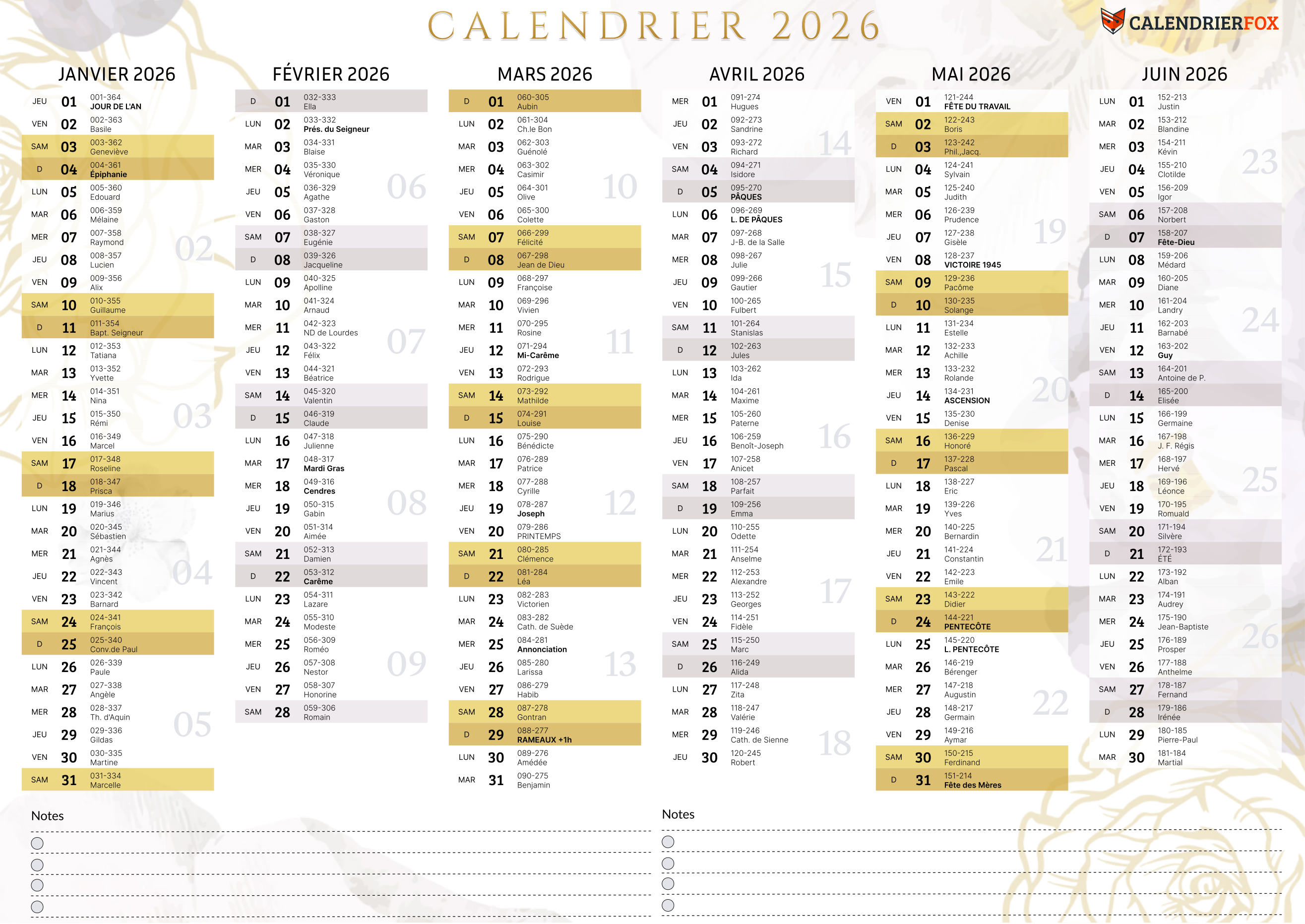 Calendrier 2026 à imprimer PDF Gratuit