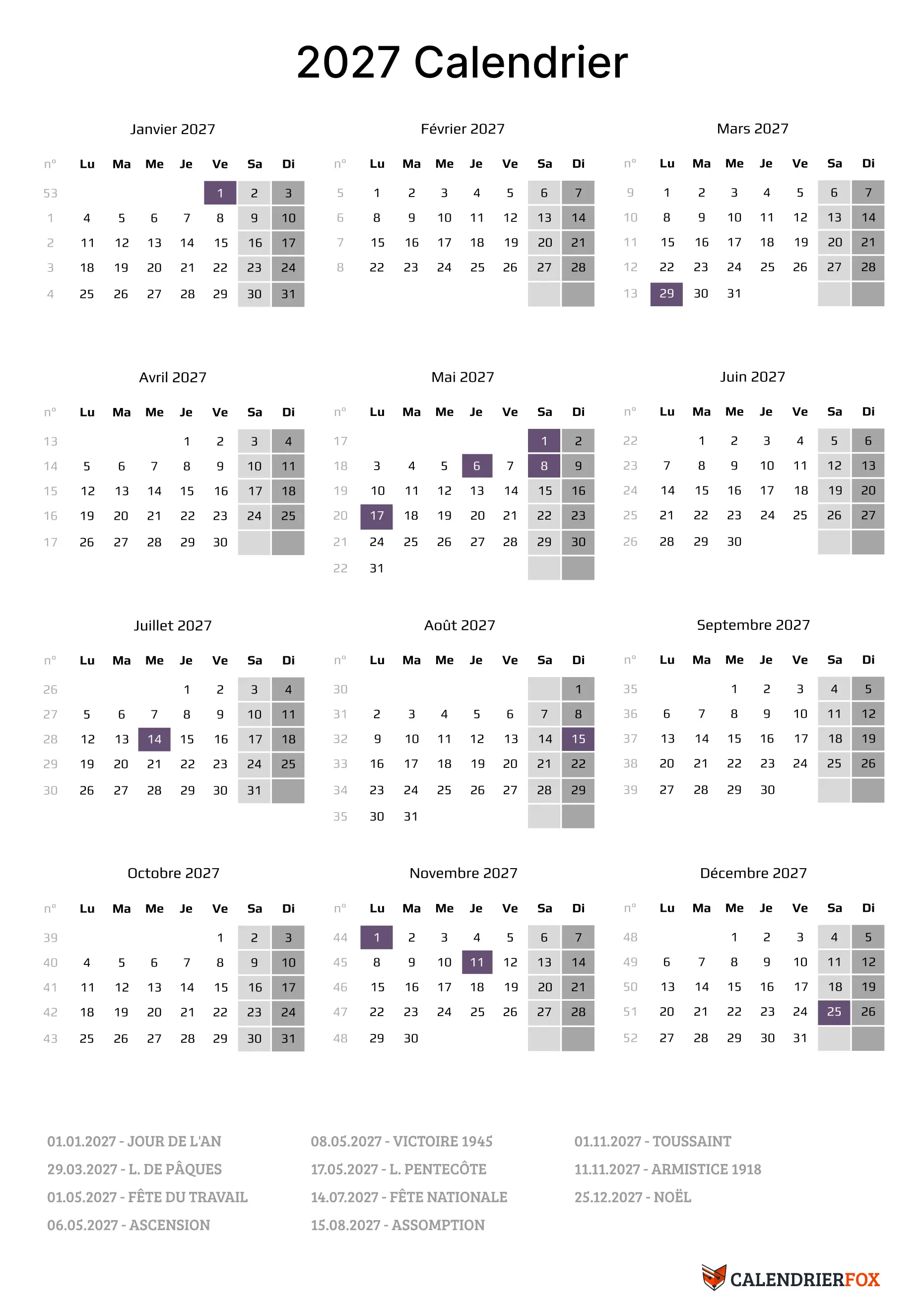Calendrier 2027 Imprimer PDF Gratuit