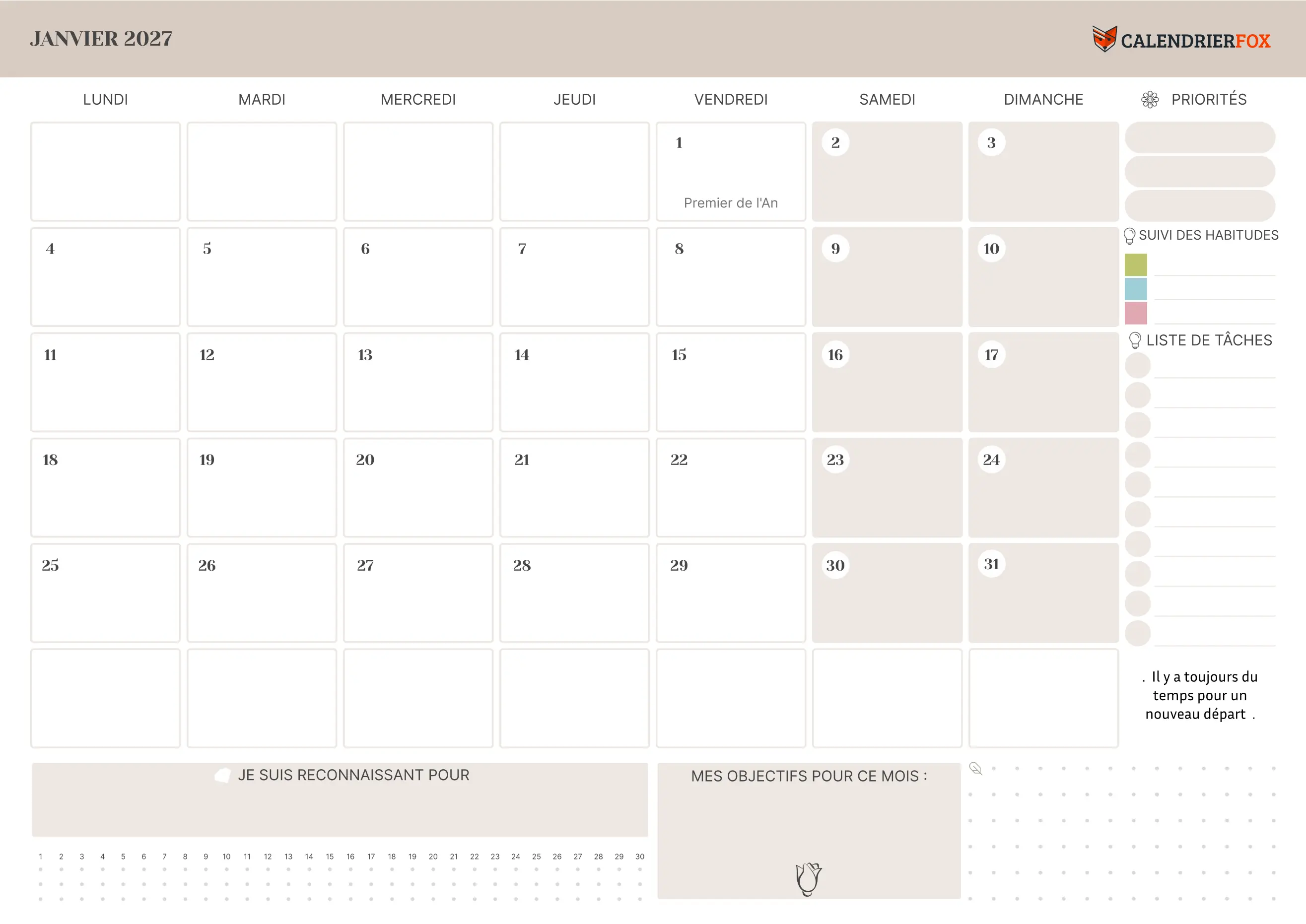 Calendrier 2027 à imprimer PDF Gratuit